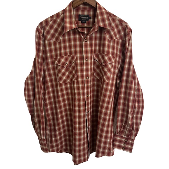 Pendleton | Shirts | Pendleton Western Shirt With Pearl Snap Buttons Mens L Red Plaid Long ...